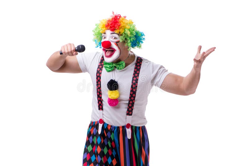 Funny Clown with a Microphone Singing Karaoke Isolated on White Stock ...