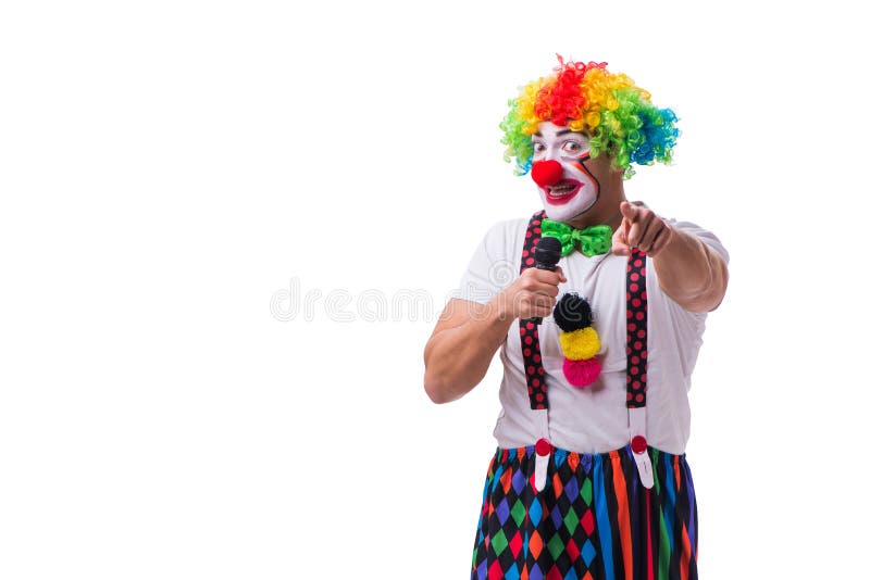 Funny Clown with a Microphone Singing Karaoke Isolated on White Stock ...