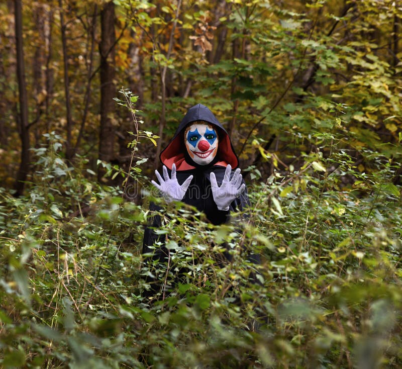 Funny Clown Scares in the Forest Stock Photo - Image of joking ...