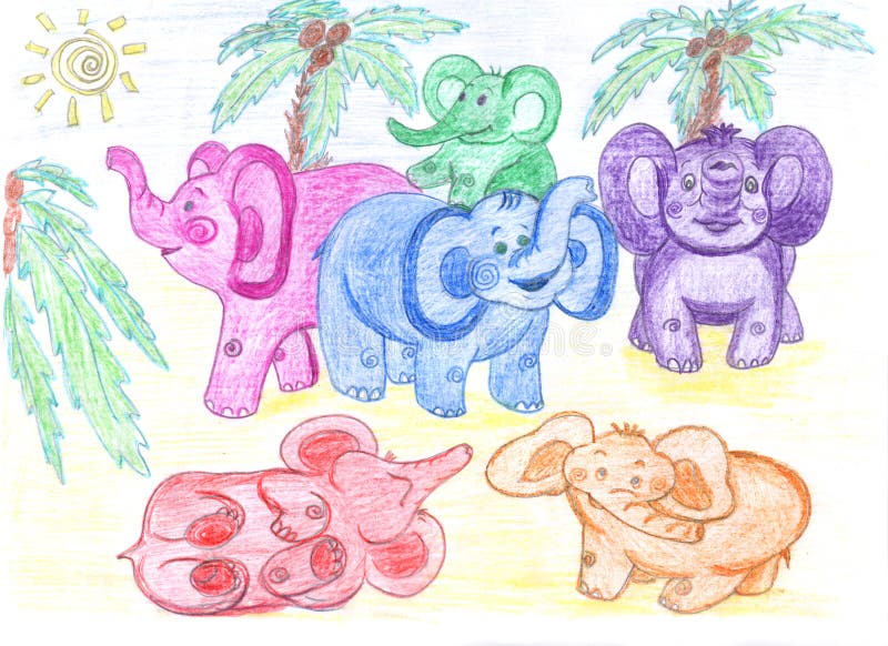 Funny Colored Baby Elephants, Drawing Stock Illustration - Illustration ...