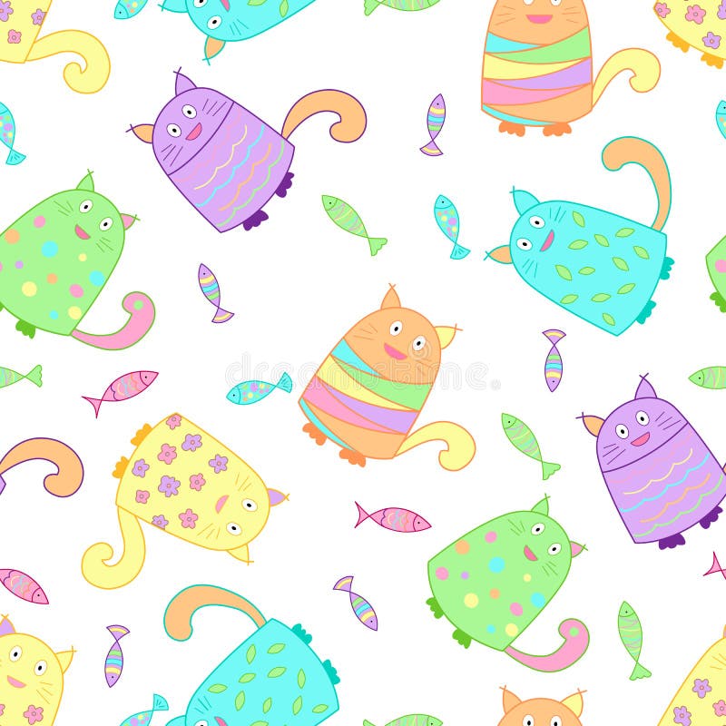 Funny Colorful Cats with Fish Stock Vector - Illustration of drawing ...