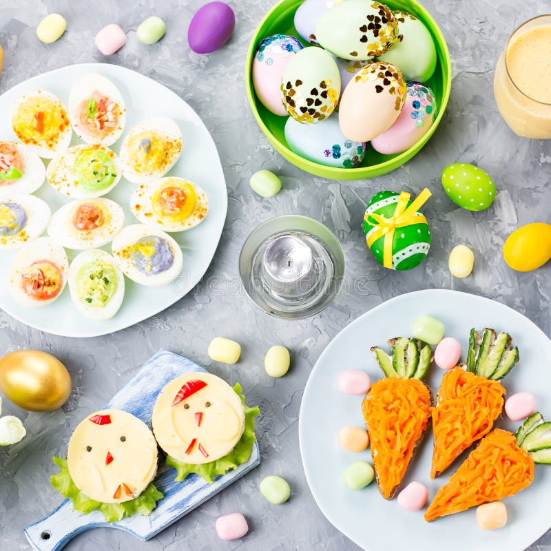 Funny Colorful Easter Food for Kids with Decorations on Table. Easter ...