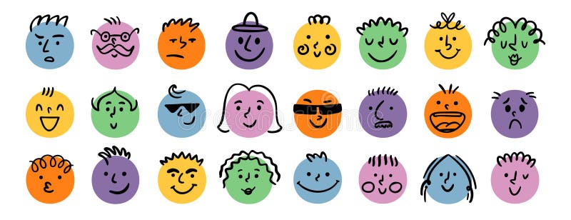 Funny Comic Faces Round Abstract Various Emotions Set. Crayon Drawing ...