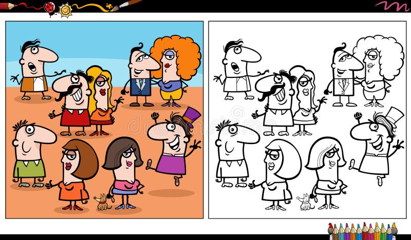 Funny Comic People Characters Group Coloring Page Stock Vector ...