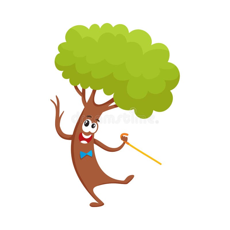 Funny Comic Tree Character Dancing Step with Walking Cane Stock Vector ...