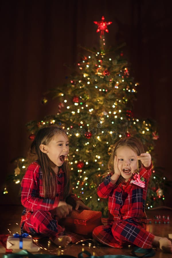 Funny Comical Sisters with Surprised Faces Take Christmas Tree ...