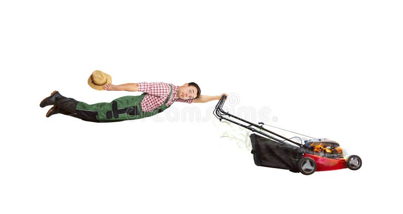 Funny Gardener Dragged Away by Runaway Lawn Mower Isolated on White ...