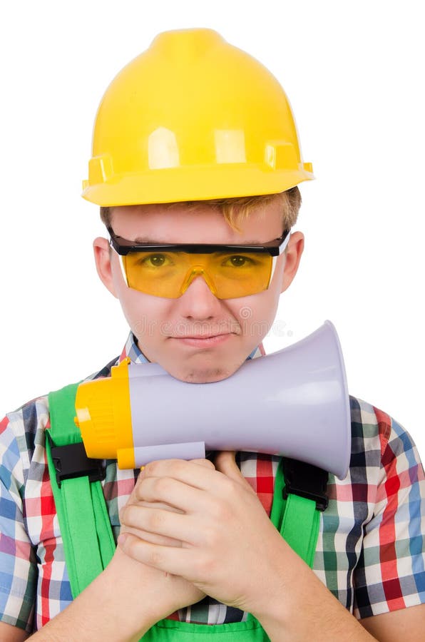 Funny Construction Worker with Loudspeaker Stock Image - Image of ...