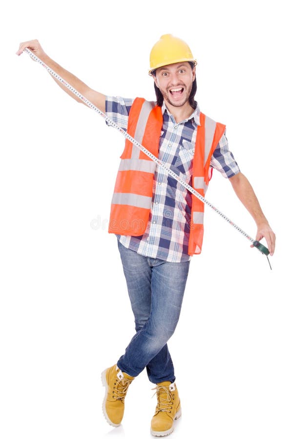 Funny Construction Worker with Tape-line Isolated Stock Photo - Image ...