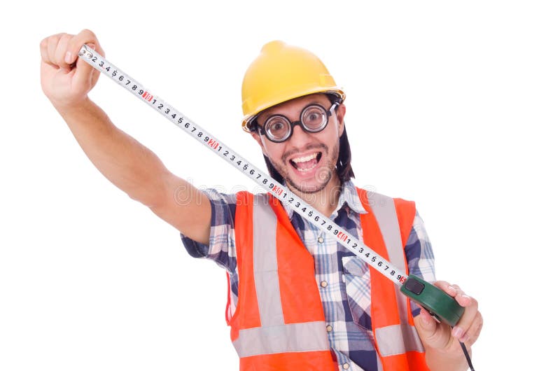 Funny Constructon Worker with Tape-line Isolated Stock Photo - Image of ...