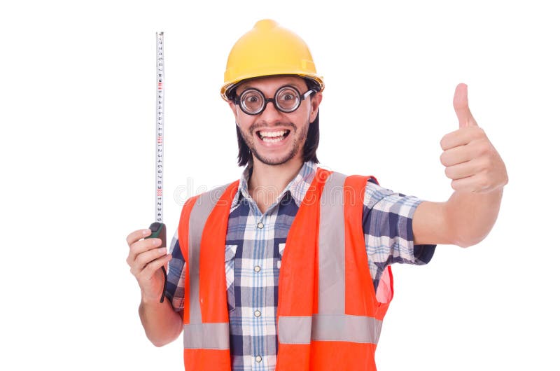 Funny Constructon Worker with Tape-line Isolated Stock Photo - Image of ...