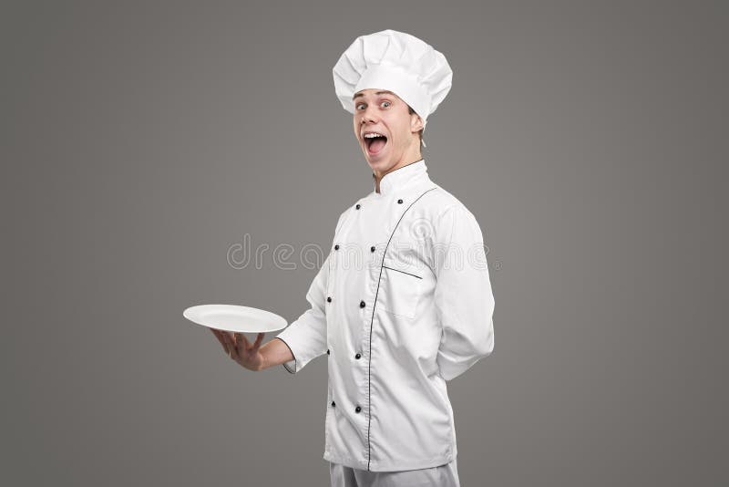 Funny Cook with Empty Plate Stock Photo - Image of chef, male: 233265538
