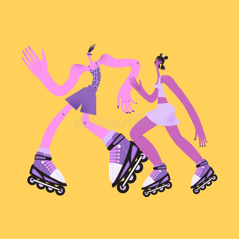 Funny Couple on Roller Skates Dancing and Having Fun. Disco Style ...