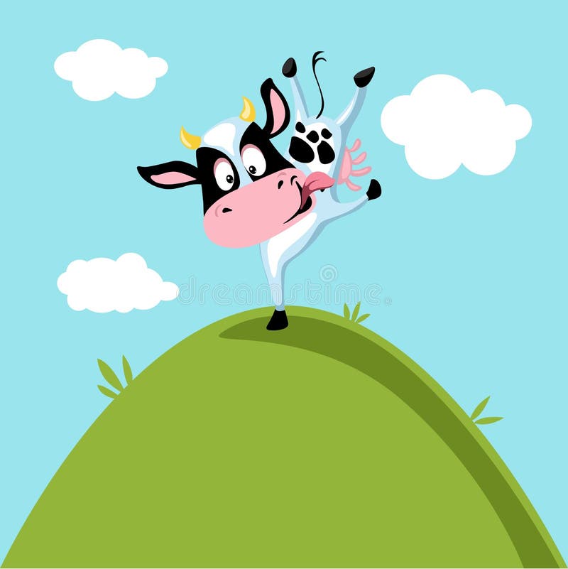 Funny Cow Dancing on Green Hill - Vector Illustration - Flat Stock ...