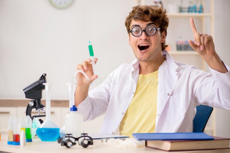 The Funny Crazy Chemist Doing Experiments and Tests Stock Photo - Image ...