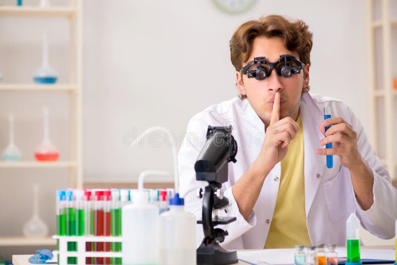 The Funny Crazy Chemist Doing Experiments and Tests Stock Photo - Image ...