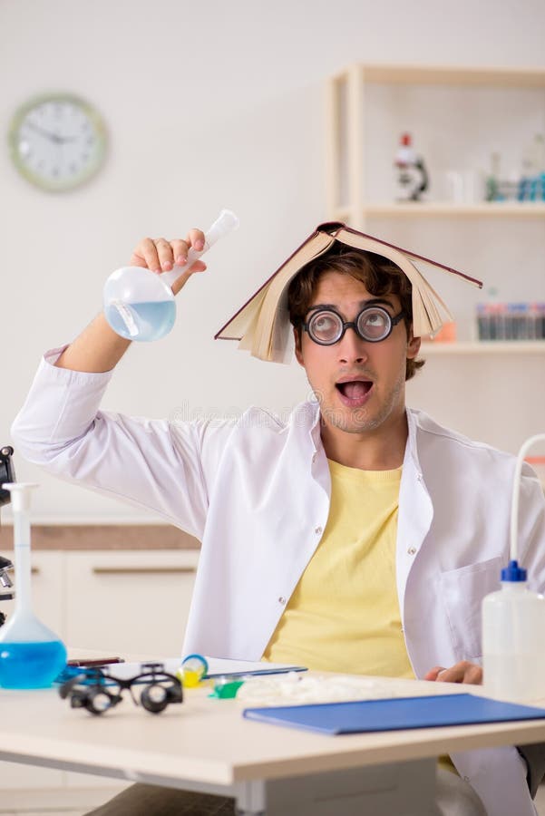 The Funny Crazy Chemist Doing Experiments and Tests Stock Photo - Image ...