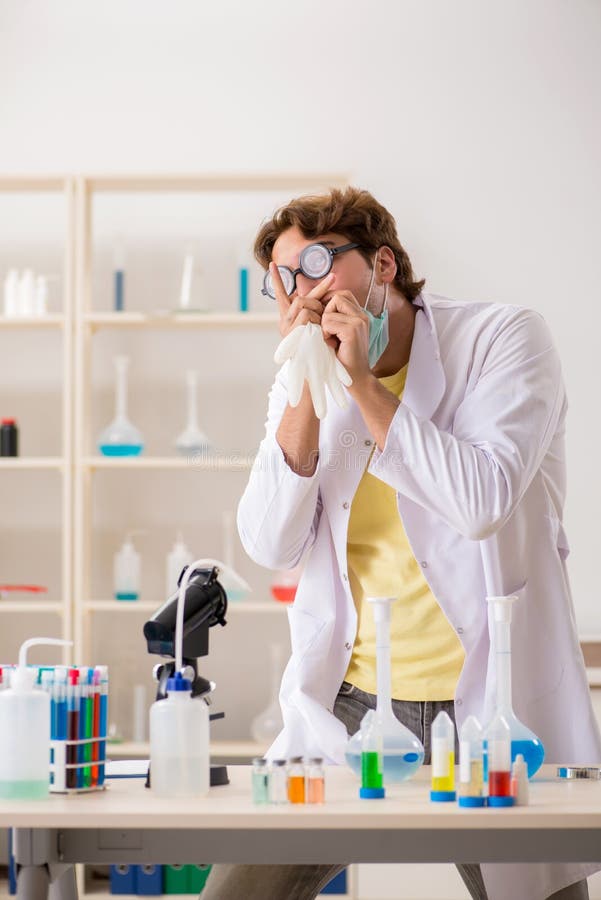 The Funny Crazy Chemist Doing Experiments and Tests Stock Photo - Image ...