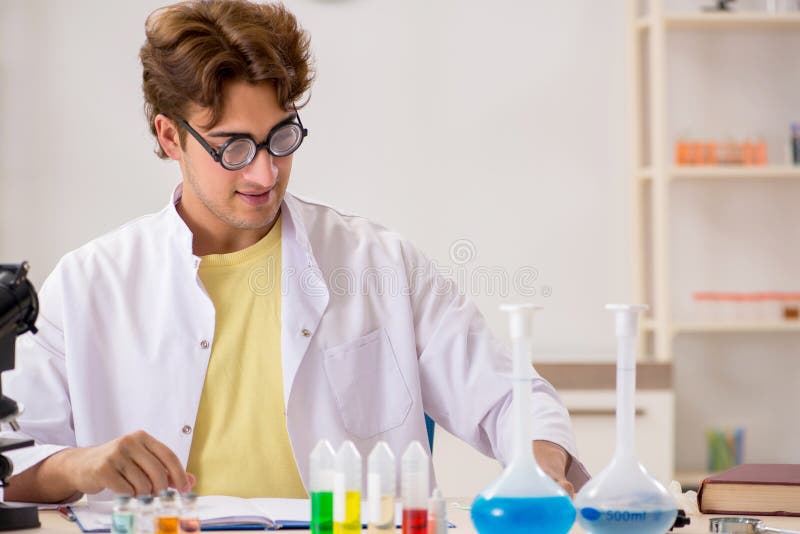 The Funny Crazy Chemist Doing Experiments and Tests Stock Photo - Image ...