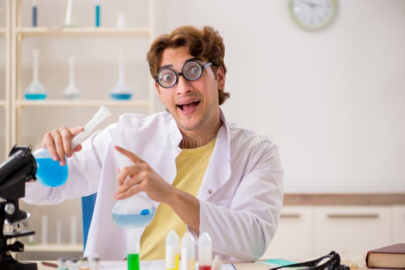 The Funny Crazy Chemist Doing Experiments and Tests Stock Photo - Image ...