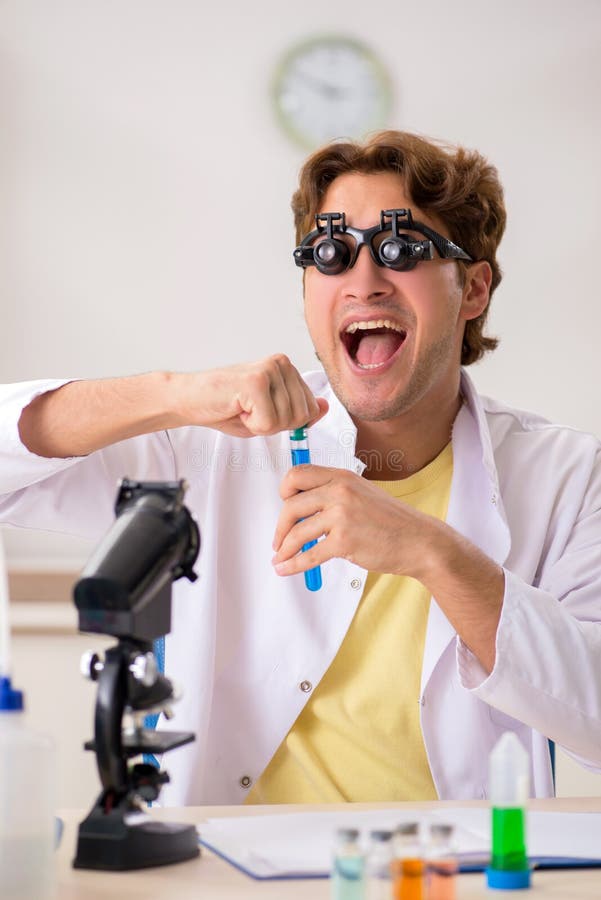 The Funny Crazy Chemist Doing Experiments and Tests Stock Photo - Image ...