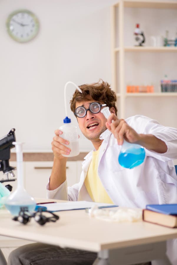 The Funny Crazy Chemist Doing Experiments and Tests Stock Photo - Image ...