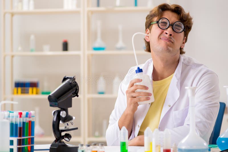 The Funny Crazy Chemist Doing Experiments and Tests Stock Photo - Image ...