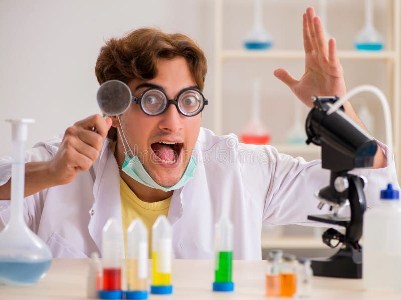 Funny Crazy Chemist Doing Experiments and Tests Stock Image - Image of ...