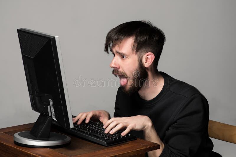 Funny and Crazy Blogger Using a Computer Stock Image - Image of happy ...