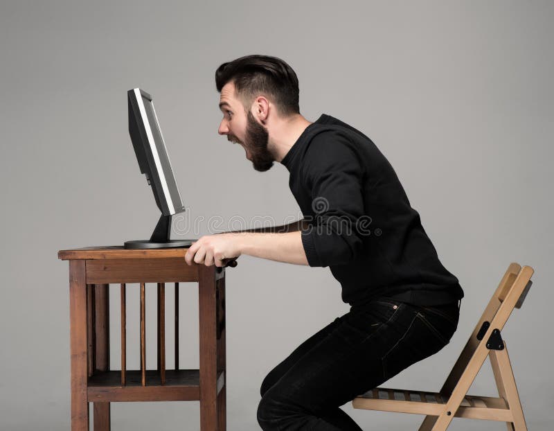 Funny and Crazy Man Using a Computer Stock Image - Image of portrait ...
