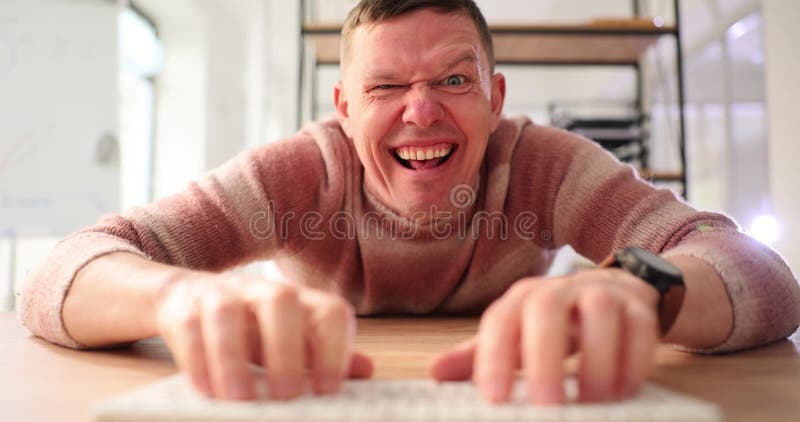 Funny and Crazy Man Using Computer Uses Internet Stock Video - Video of ...