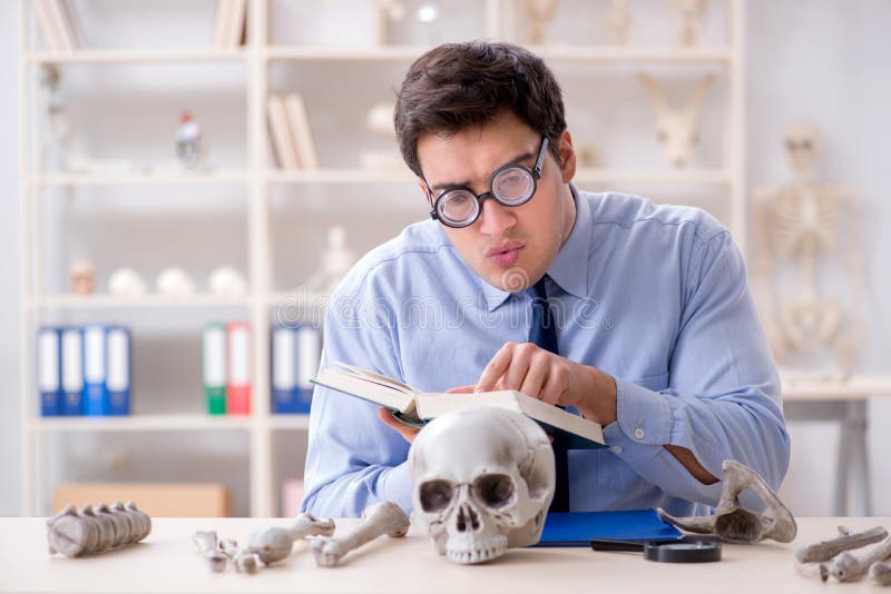 The Funny Crazy Professor Studying Human Skeleton Stock Photo - Image ...