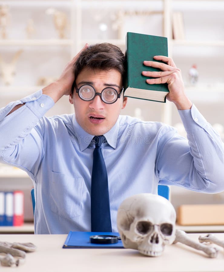 Funny Crazy Professor Studying Human Skeleton Stock Image - Image of ...