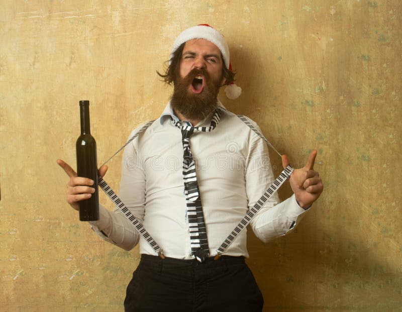 Funny Crazy Santa. Drunk Bad Santa Holding Bottle of Whiskey or Wine ...