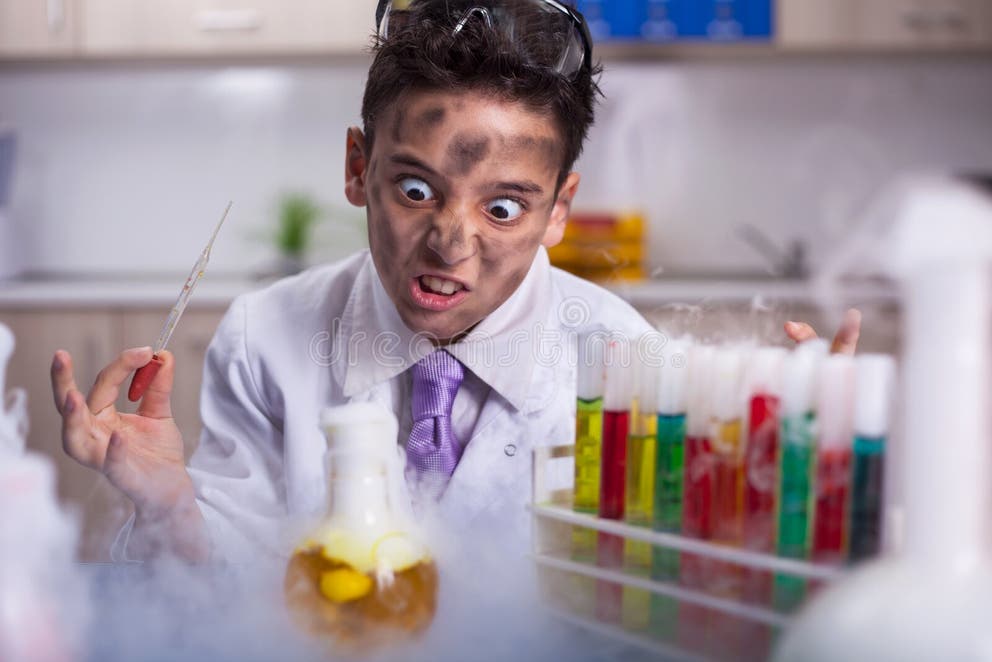 ,funny Crazy Scientist Boy Working in a Laboratory Stock Image - Image ...