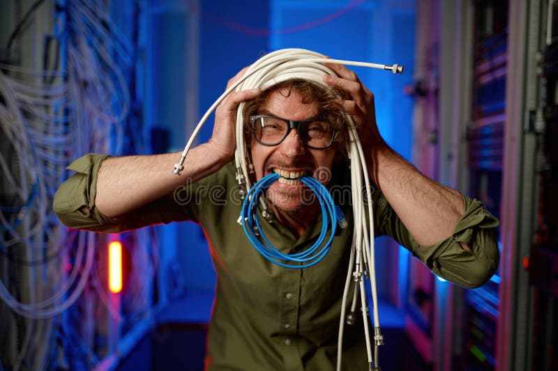 Funny Crazy System Administrator with Head Wrapped in Wires Fooling ...