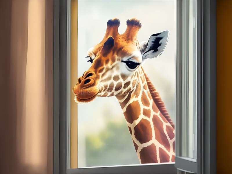 A Funny Curious Giraffe Looks through the Window of a House, the ...