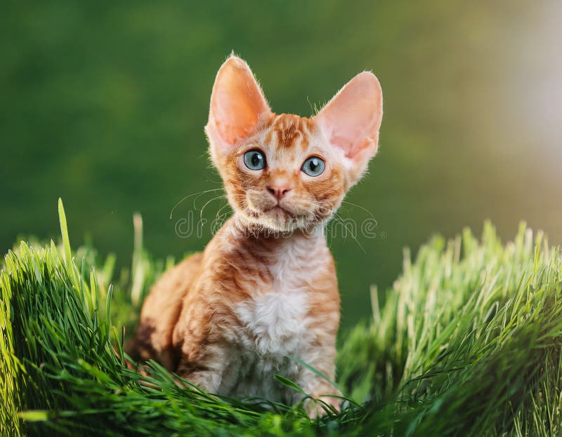 Funny Curious Young Red Ginger Devon Rex Kitten Sitting in Green Grass ...