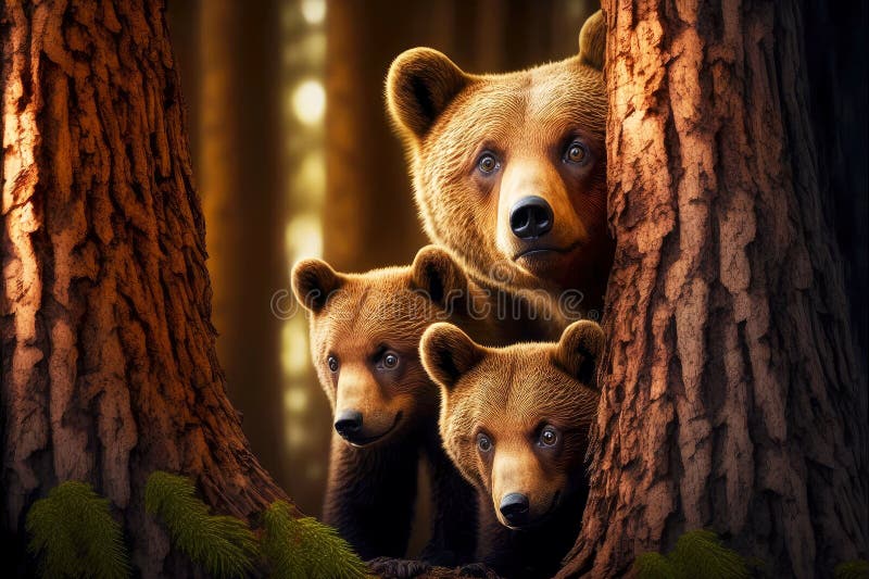 Funny Cute Bear with Cubs Peeking Out from Behind Tree Stock ...