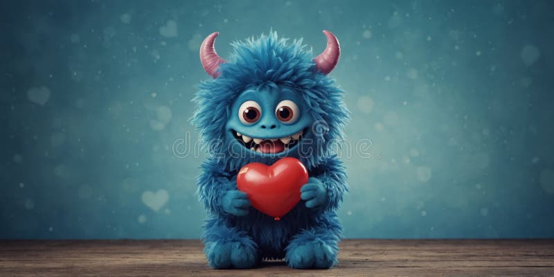 Funny Cute Blue Monster with Heart Balloon. Stock Image - Image of ...