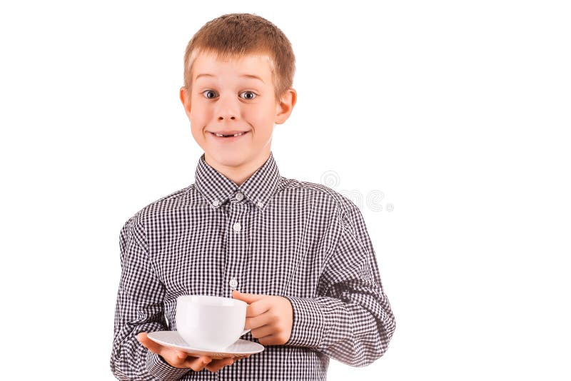 Funny Cute Boy with White Cup of Tea Stock Photo - Image of smile ...