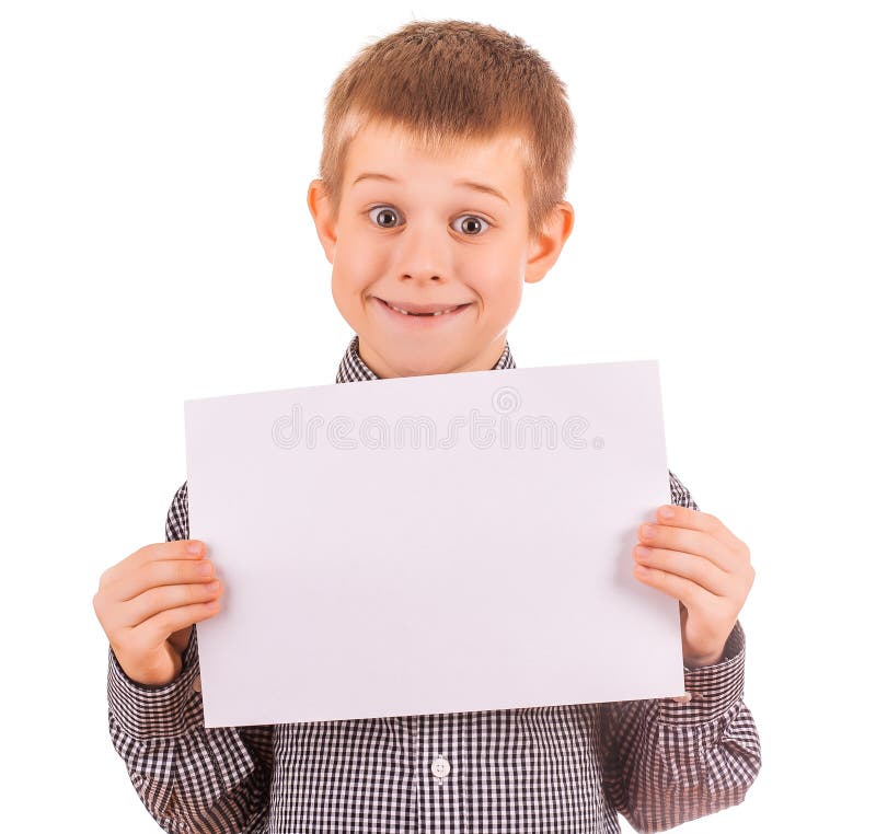 Funny Cute Boy with White Sheet of Paper Stock Photo - Image of hand ...