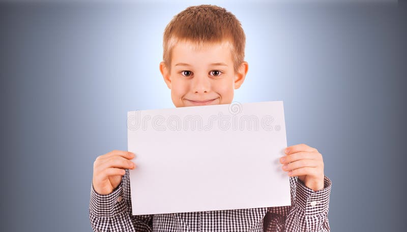Funny Cute Boy with White Sheet of Paper Stock Image - Image of poster ...