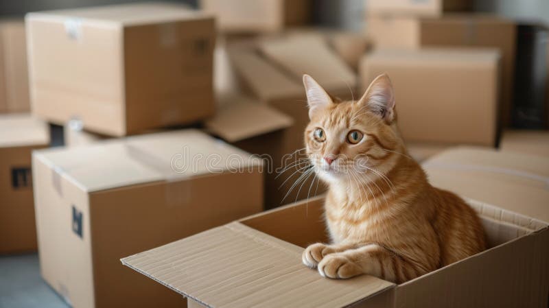 Funny Cute Cat Sitting in Cardboard Box Stock Image - Image of room ...
