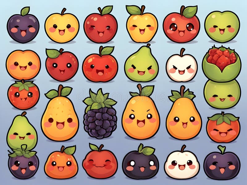 Funny Cute Fruits Characters Set Stock Illustration - Illustration of ...