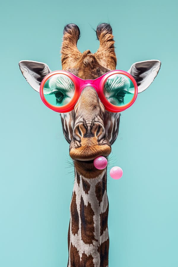Funny and Cute Giraffe in Pink Glasses, Blowing a Bubble with Pink ...