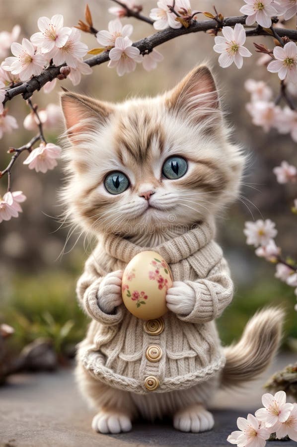 Funny Cute Kitten in a Knitted Sweater with an Easter Egg in the Spring ...