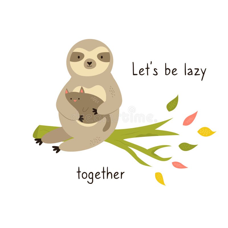 Funny Cute Sloth Sitting on a Branch with Cat. Stock Vector ...