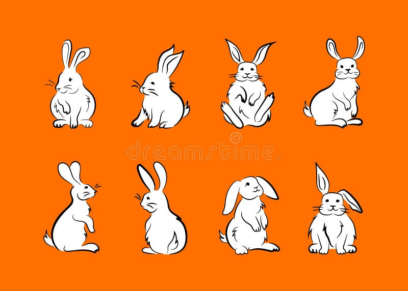 Funny Cute White Rabbits Doodle Image Set Stock Vector Illustration