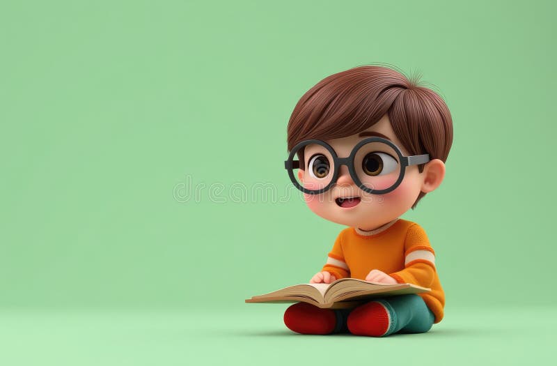 Funny 3D Illustration of Boy Learning To Read with Oversized Glasses on ...